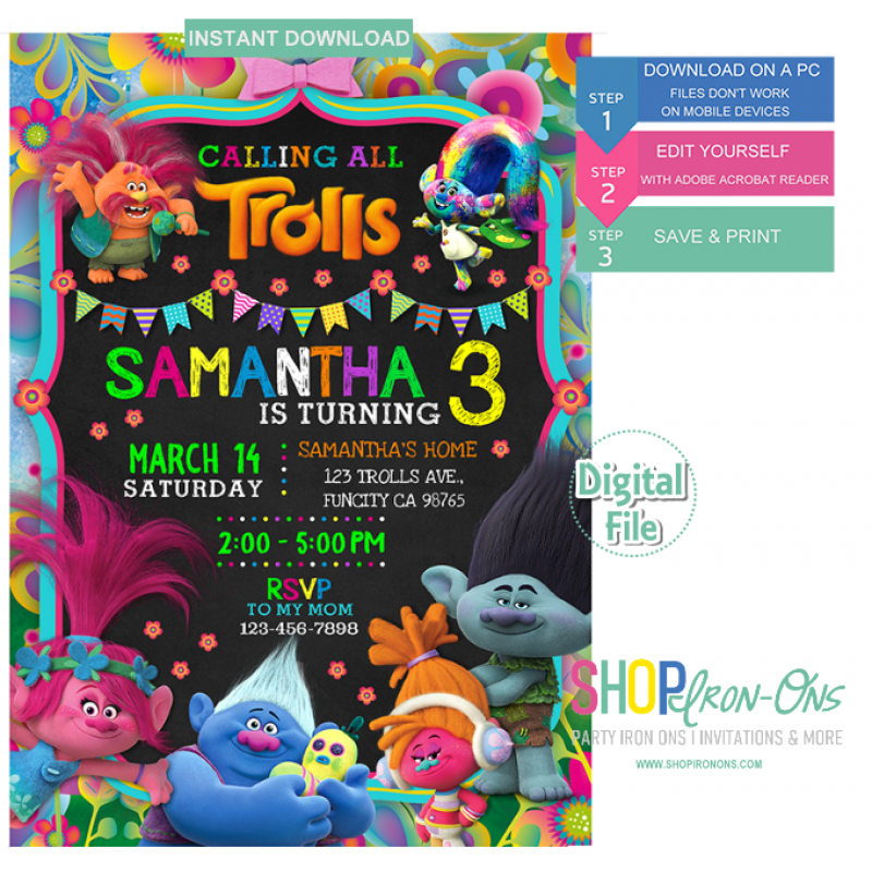 Trolls Birthday Party Invitation Digital Editable PDF Free Cupcake Toppers